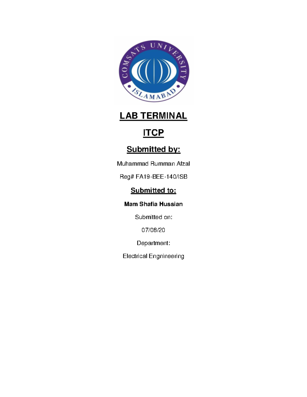 FA19-BEE-140 ITCP LAB Terminal - LAB TERMINAL ITCP Submitted by ...