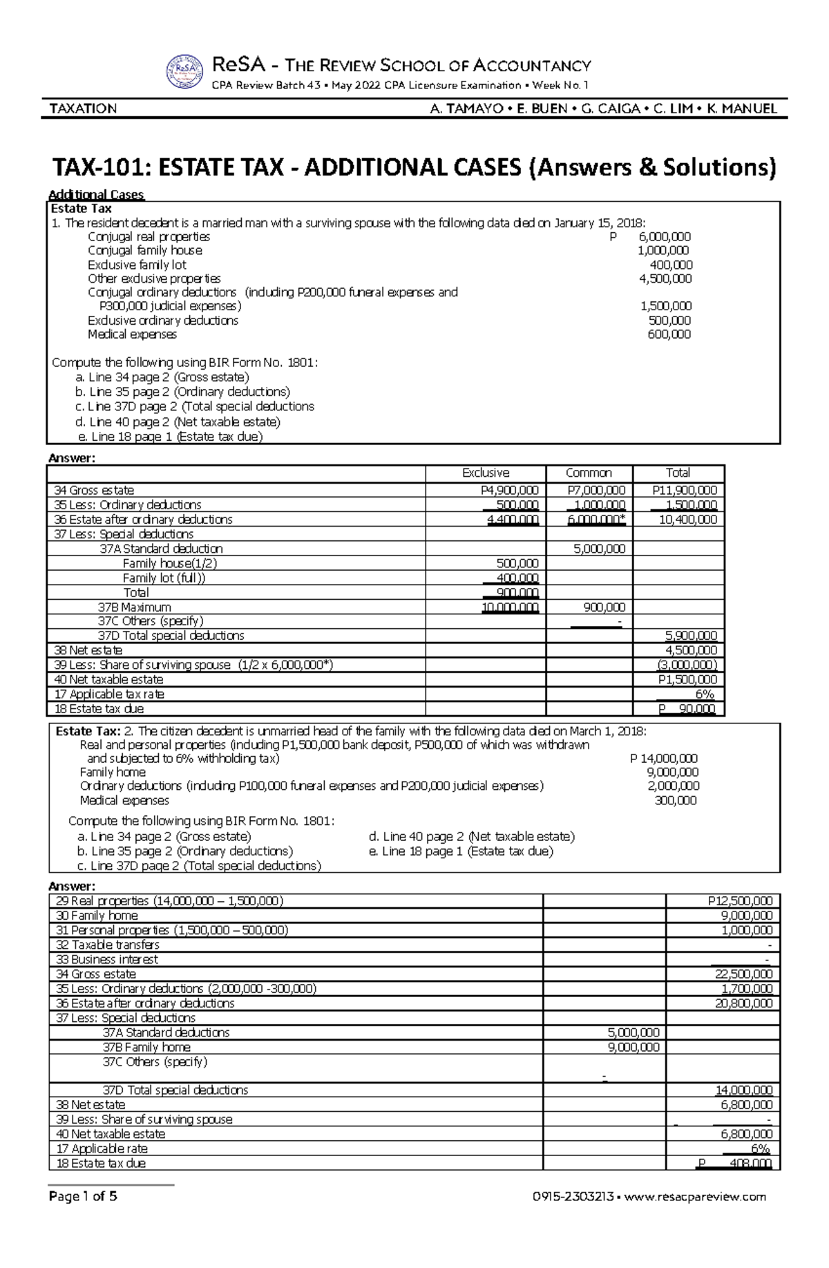 TAX-101 (Estate Tax Cases - Answers Solutions) - ReSA - THE REVIEW ...