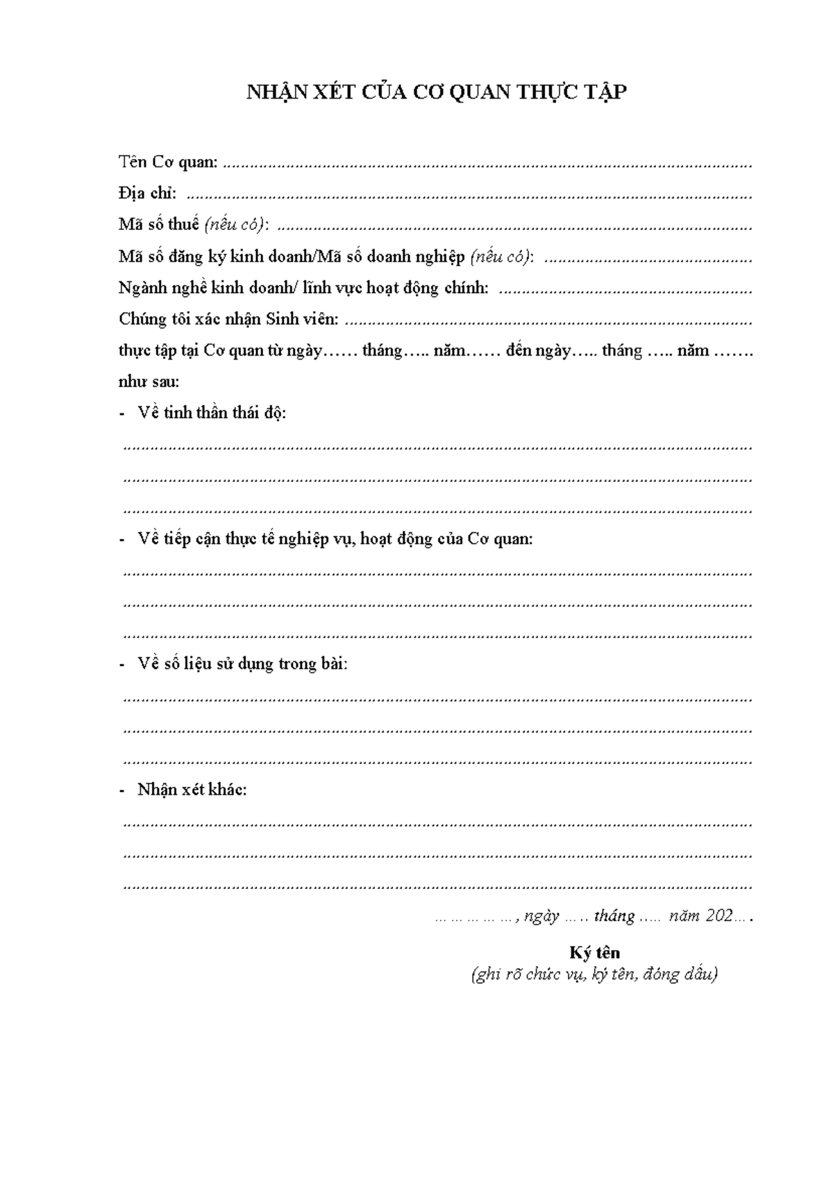 Mau nhan xet danh gia cua co quan - NHẬN XÉT CỦA CƠ QUAN THỰC TẬP Tên ...