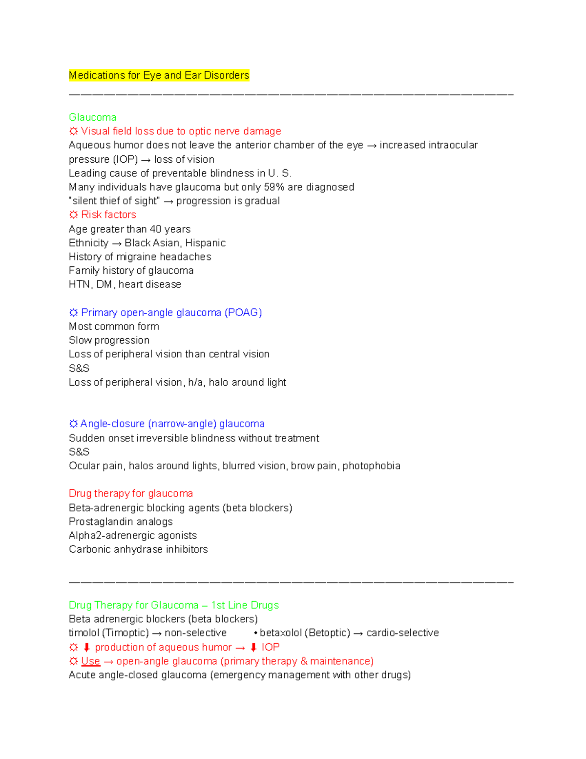 Pharm notes quiz 6 - Medications for Eye and Ear Disorders ...