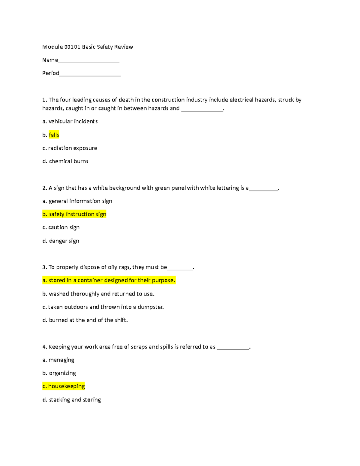 Module 00101 review questions - Module 00101 Basic Safety Review Name