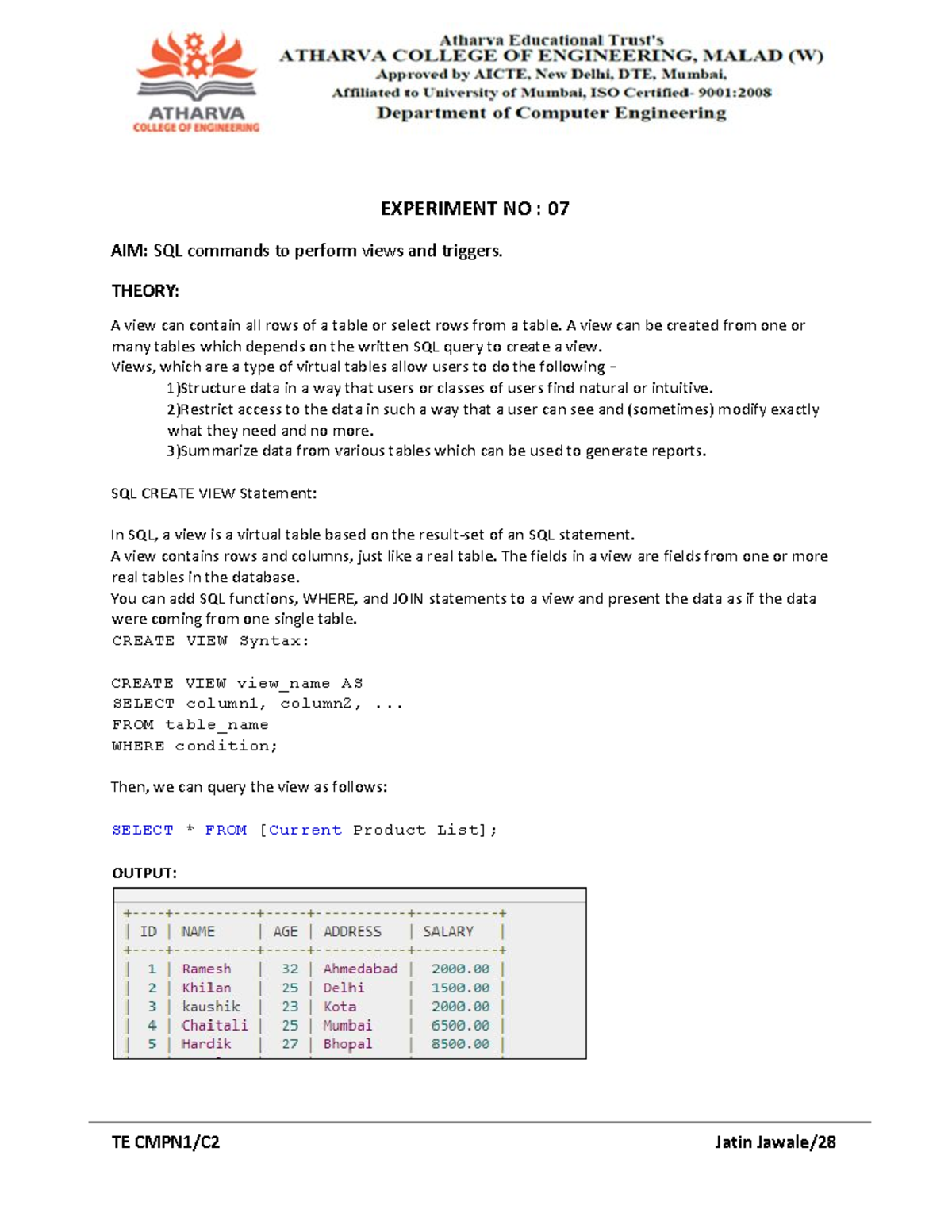 Dbms Exp7 Sql Commands For Views And Triggers Experiment No 07 Commands To Perform Views