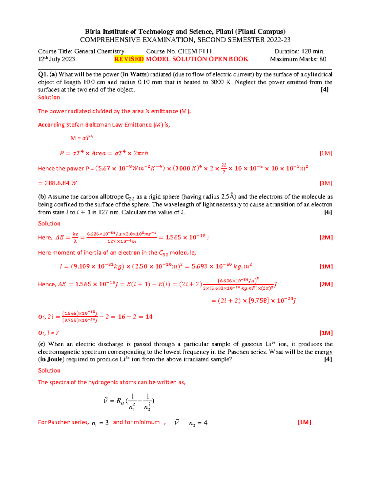 Revised Model Solution Compre OB gc - Birla Institute of Technology and Science, Pilani (Pilani ...