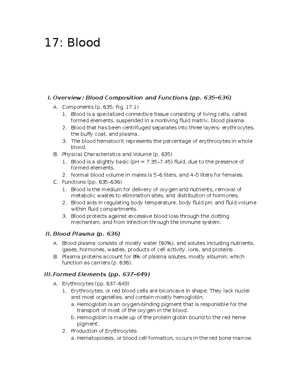 Ch17 review - Chapter 17 reveiw - 17: Blood I. Overview: Blood ...