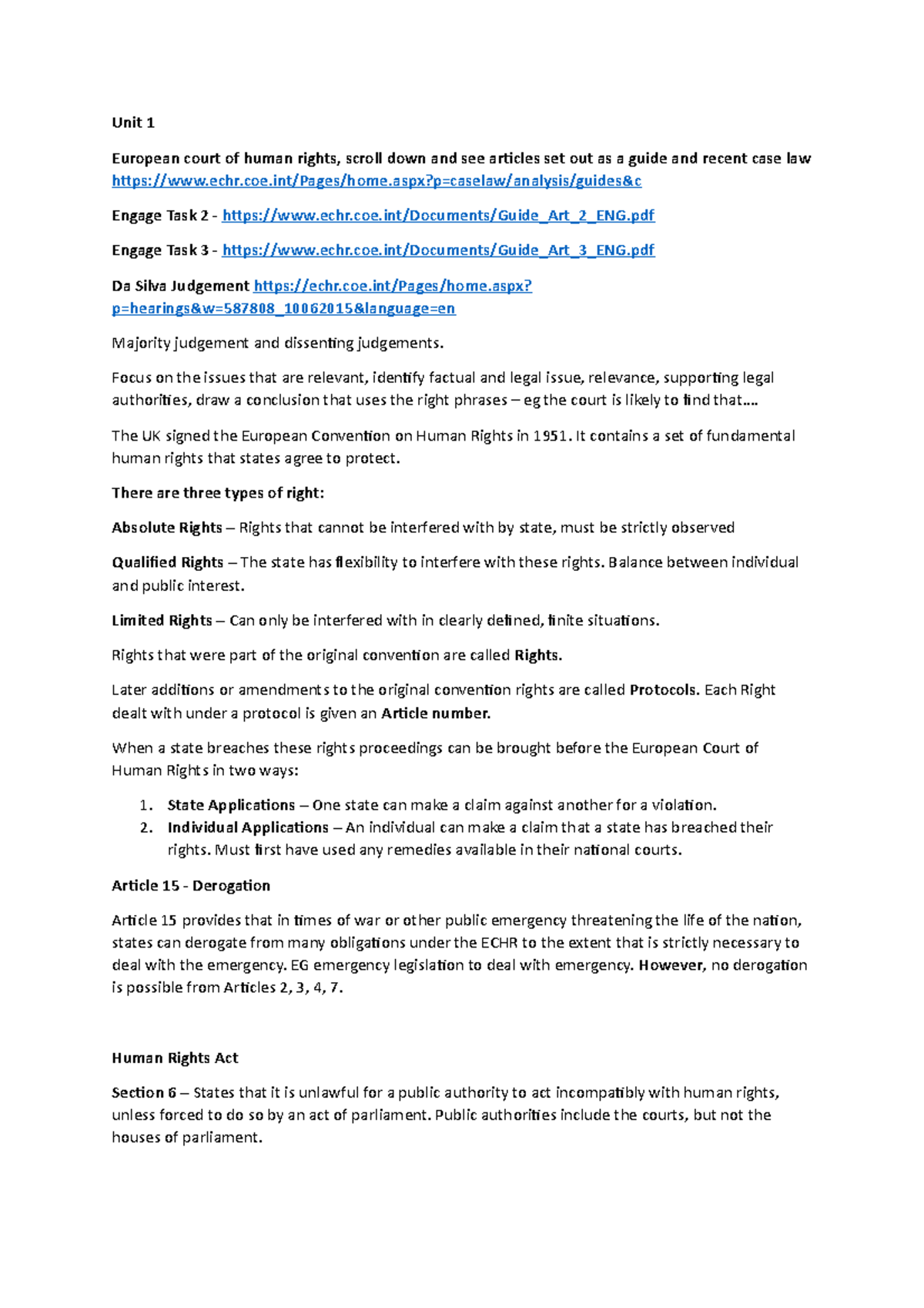 Unit 1 Notes - Unit 1 European court of human rights, scroll down and ...