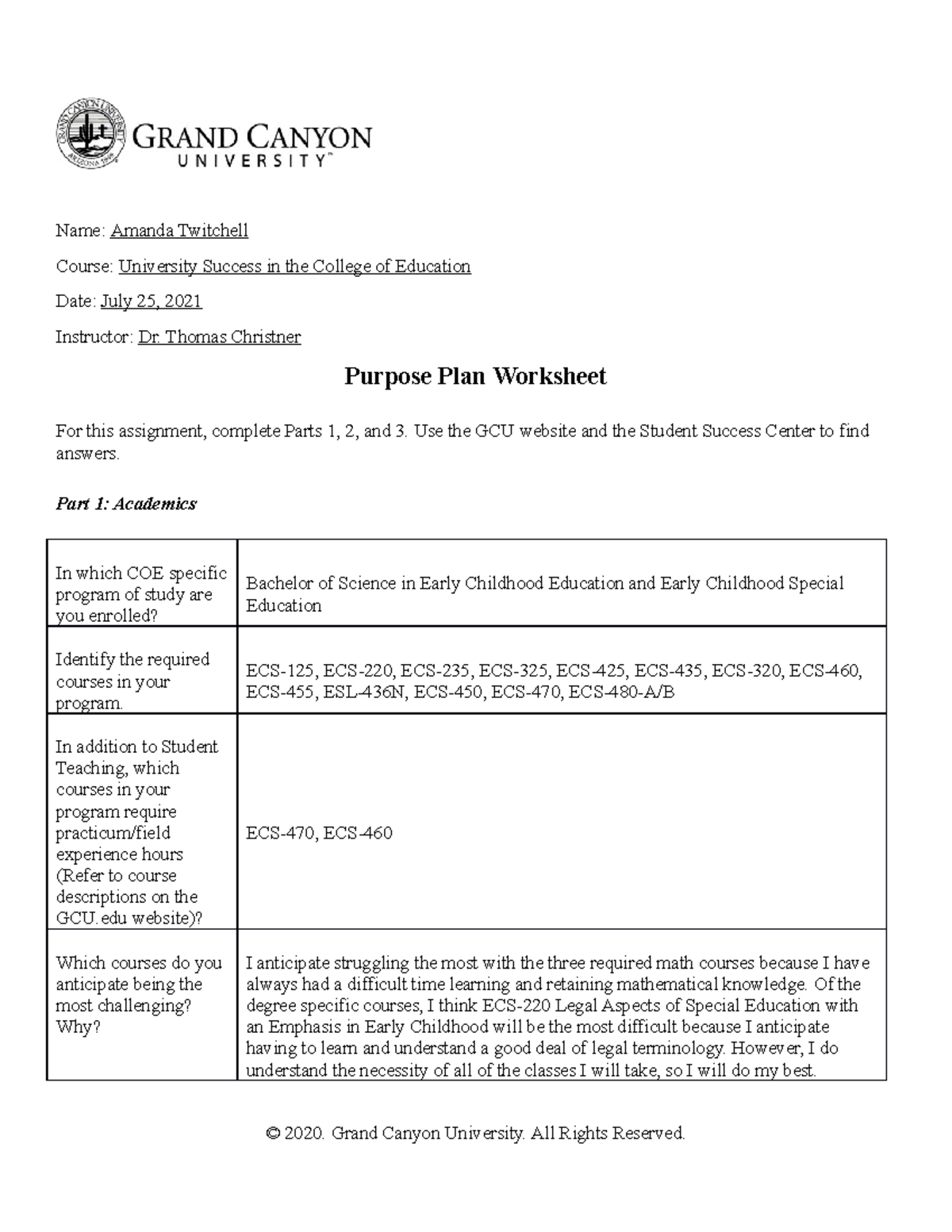 Purpose Plan Assignment - Name: Amanda Twitchell Course: University ...