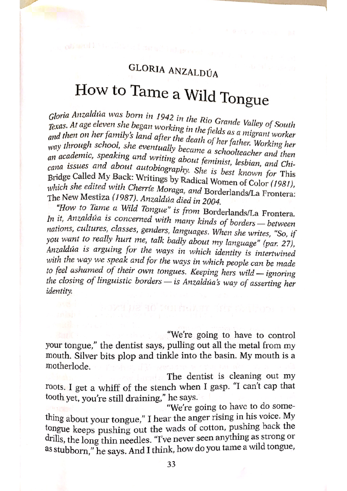 Anzaldua “How To Tame A Wild Tongue” - Studocu
