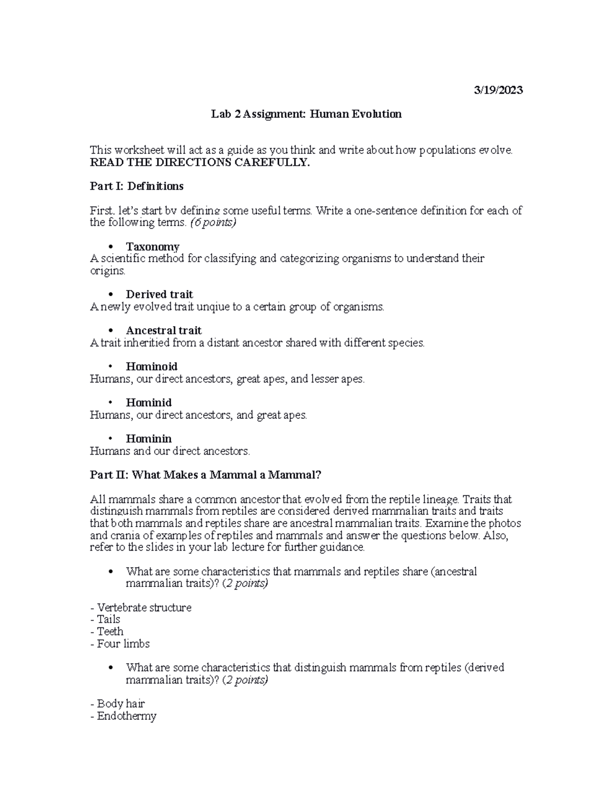 Lab 2 Worksheet-Human Evolution - 3/19/ Lab 2 Assignment: Human ...