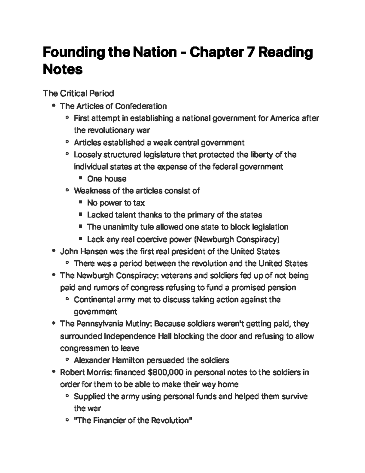 Founding the Nation - Chapter 7 Reading Notes - Fo u n d i n g t h e Na ...