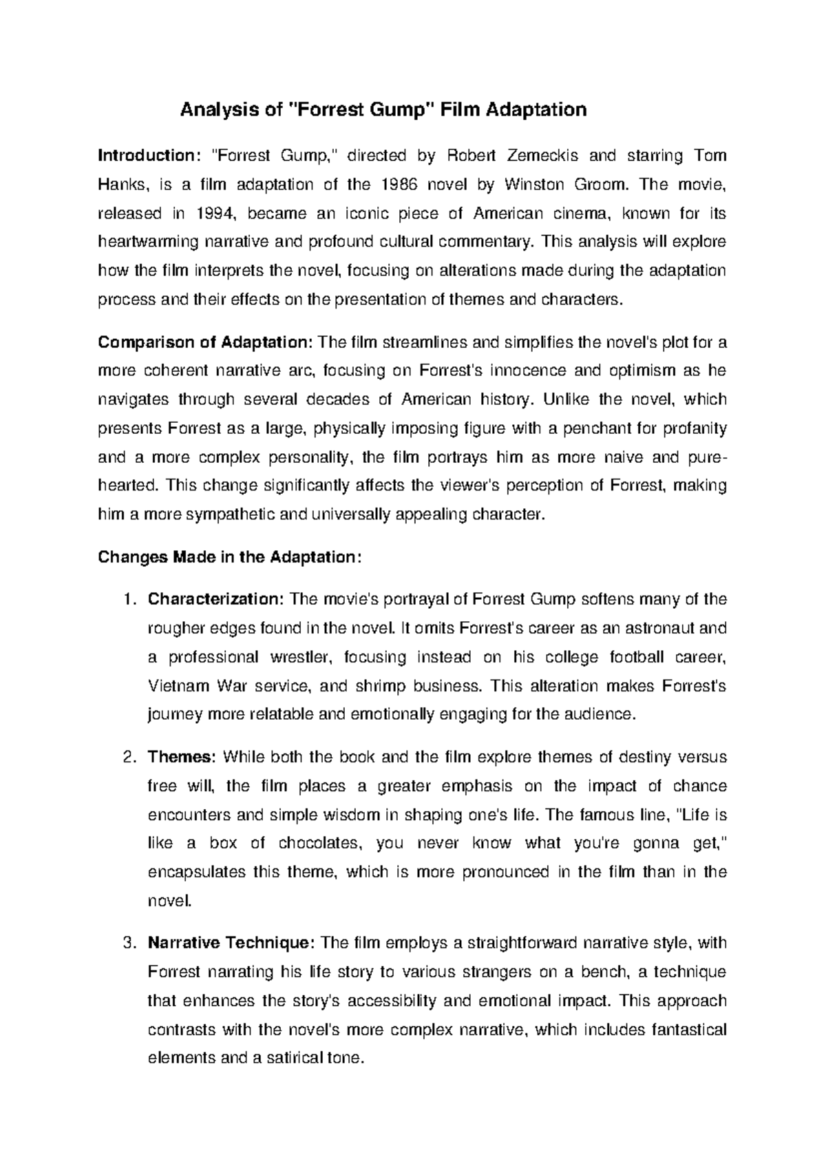 Analysis of Forrest Gump - Analysis of "Forrest Gump" Film Adaptation ...