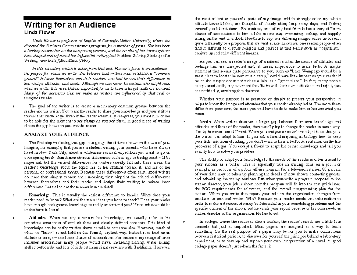 Writing for an audience - 1 Writing for an Audience Linda Flower Linda ...
