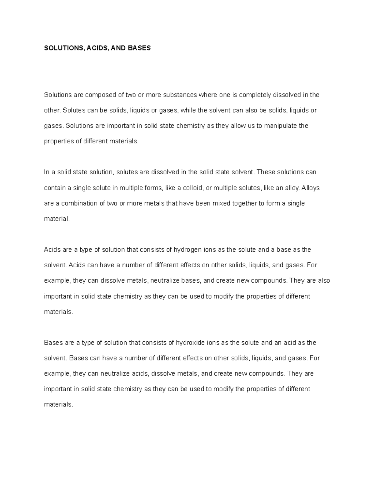 Solutions, Acids, and Bases - SOLUTIONS, ACIDS, AND BASES Solutions are ...