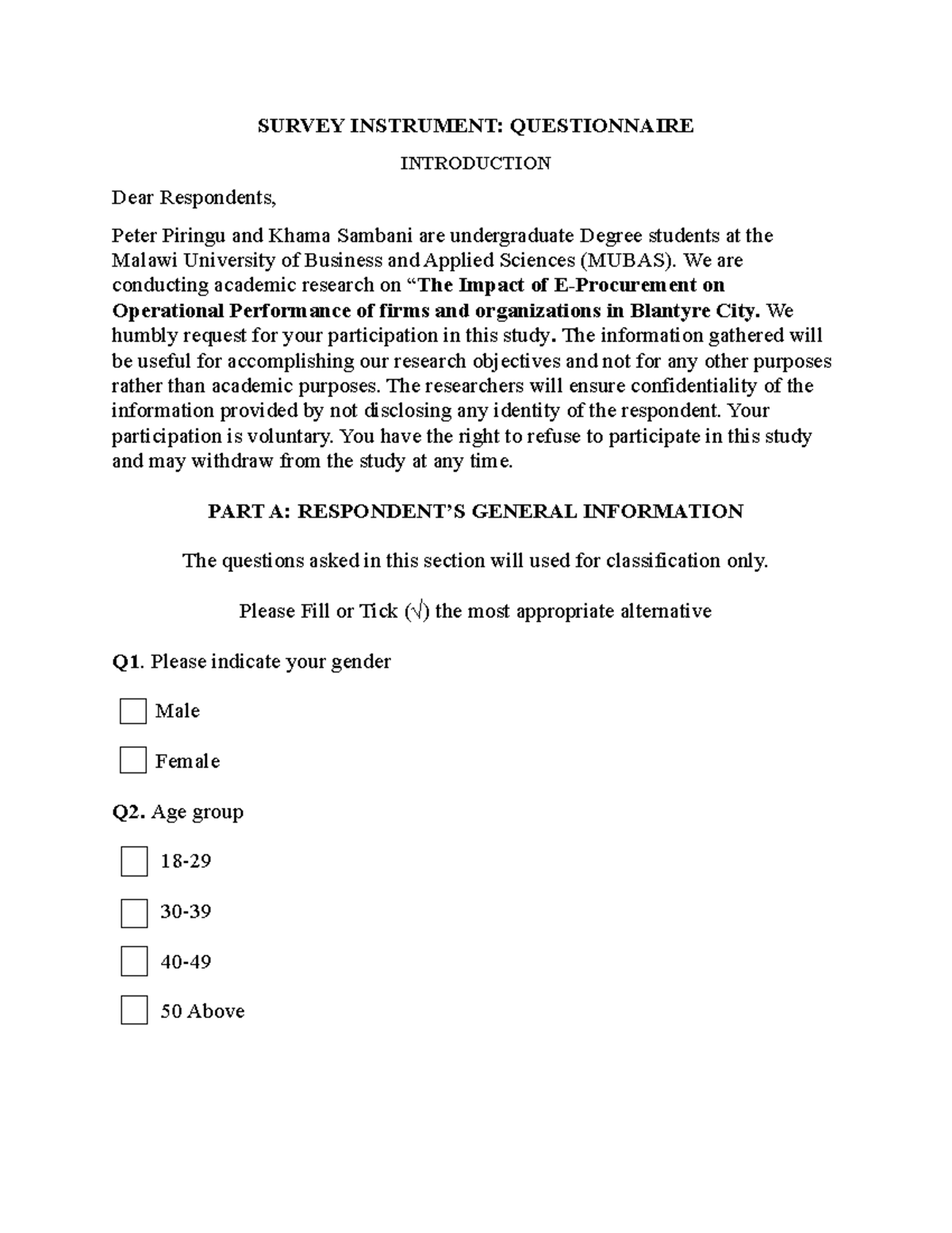 Questionnaire- Peter Piringu AND Khama Sambani - SURVEY INSTRUMENT ...