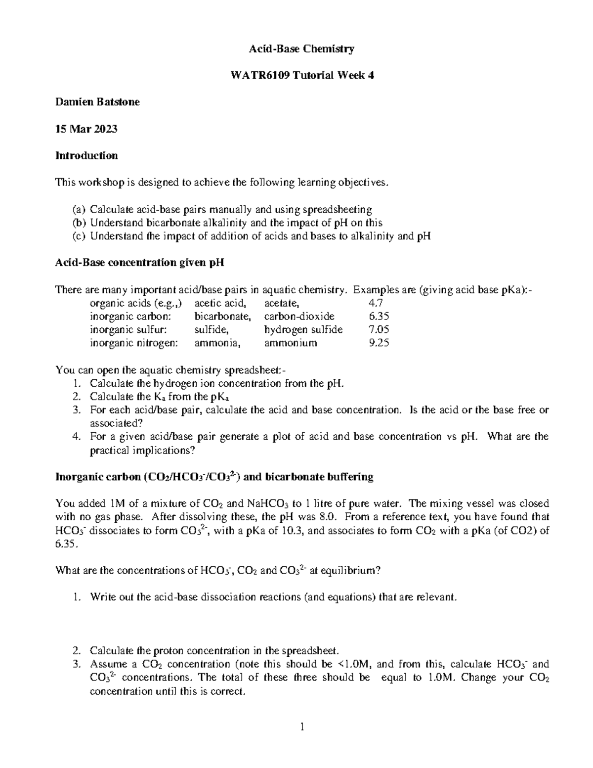 WATR6109 Week 4 - Tutorial Work - 1 Acid-Base Chemistry WATR6109 ...