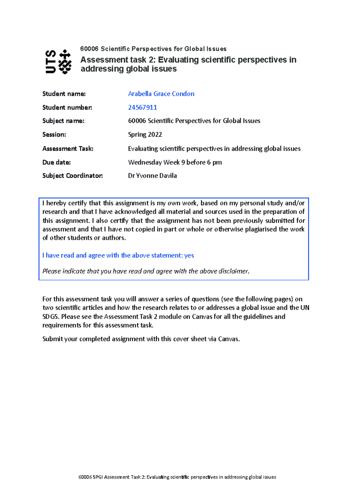 60006 SPGI SPR22 Assessment Task 2 worksheet - 60006 Scientific ...