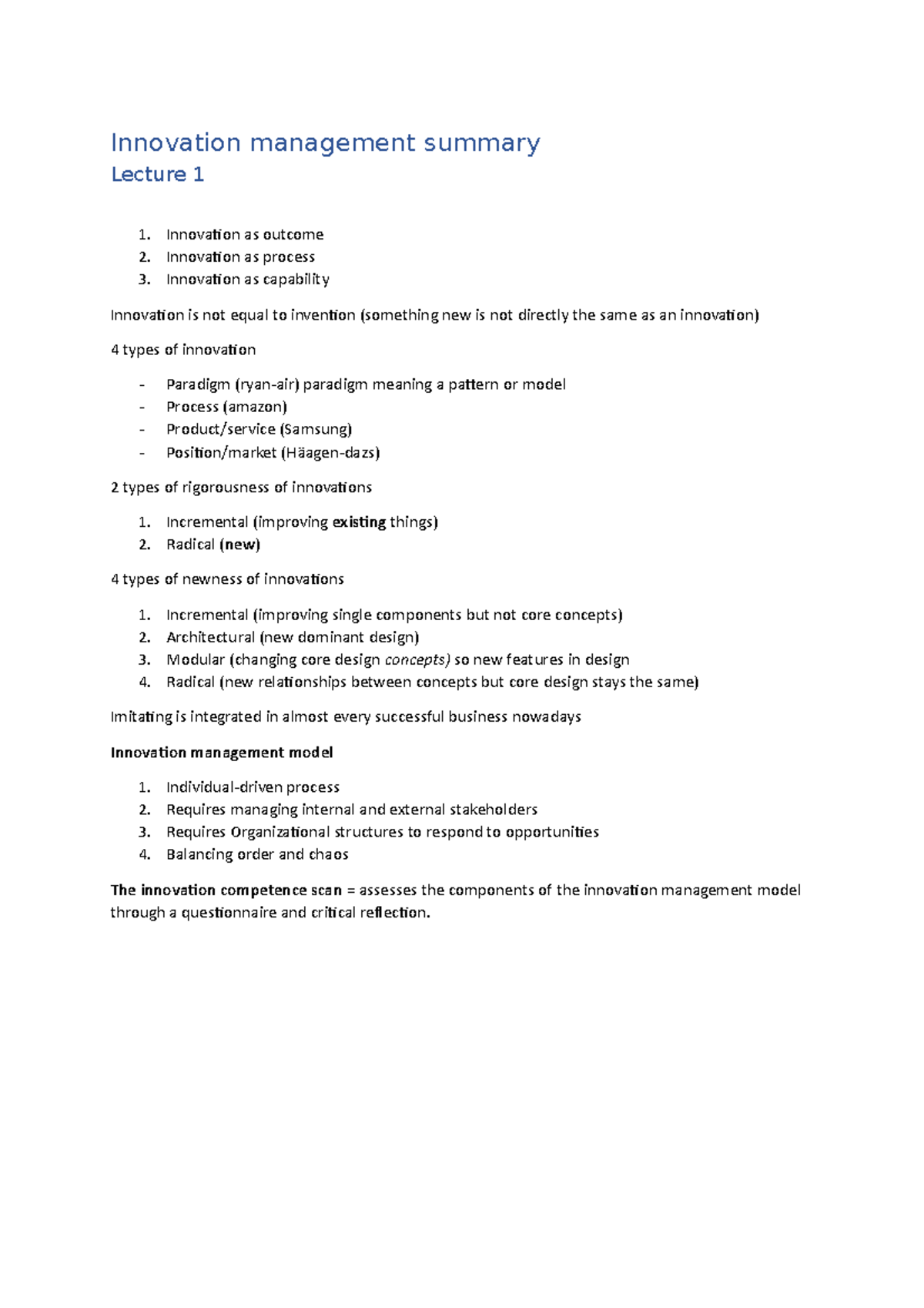 Innovation management summary - Innovation management summary Lecture 1 ...