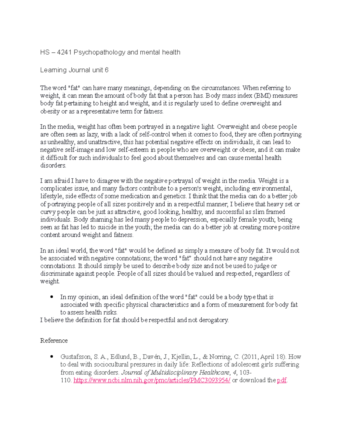 Mental health unit 6 dsc - HS – 4241 Psychopathology and mental health ...