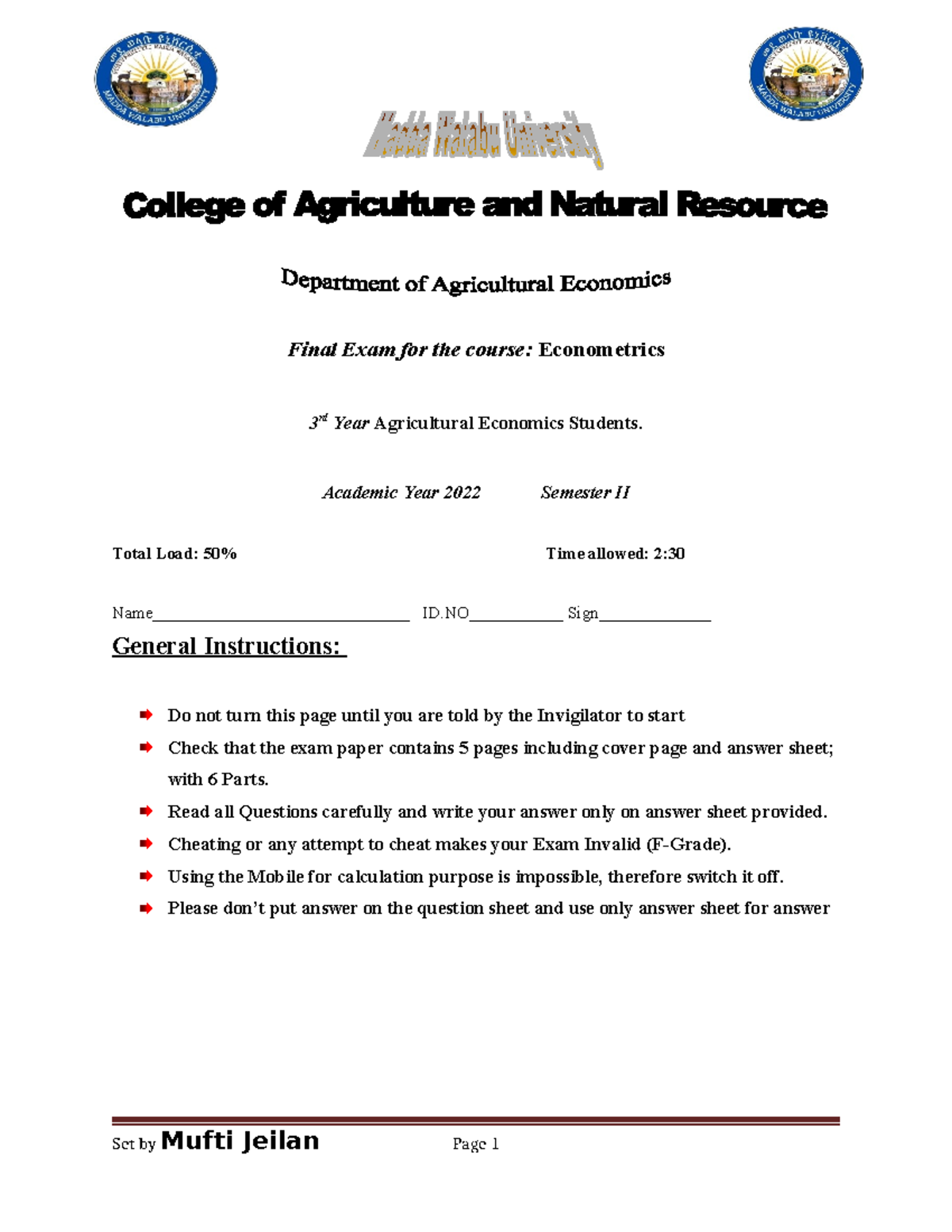 Econometrics Final Exam 2022 For Agro Economics Final Exam For The