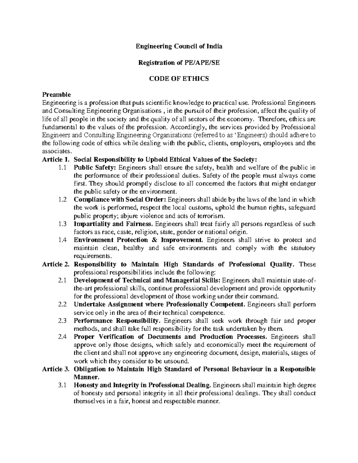 ECI-Code of Ethics - Engineering Council of India Registration of PE ...