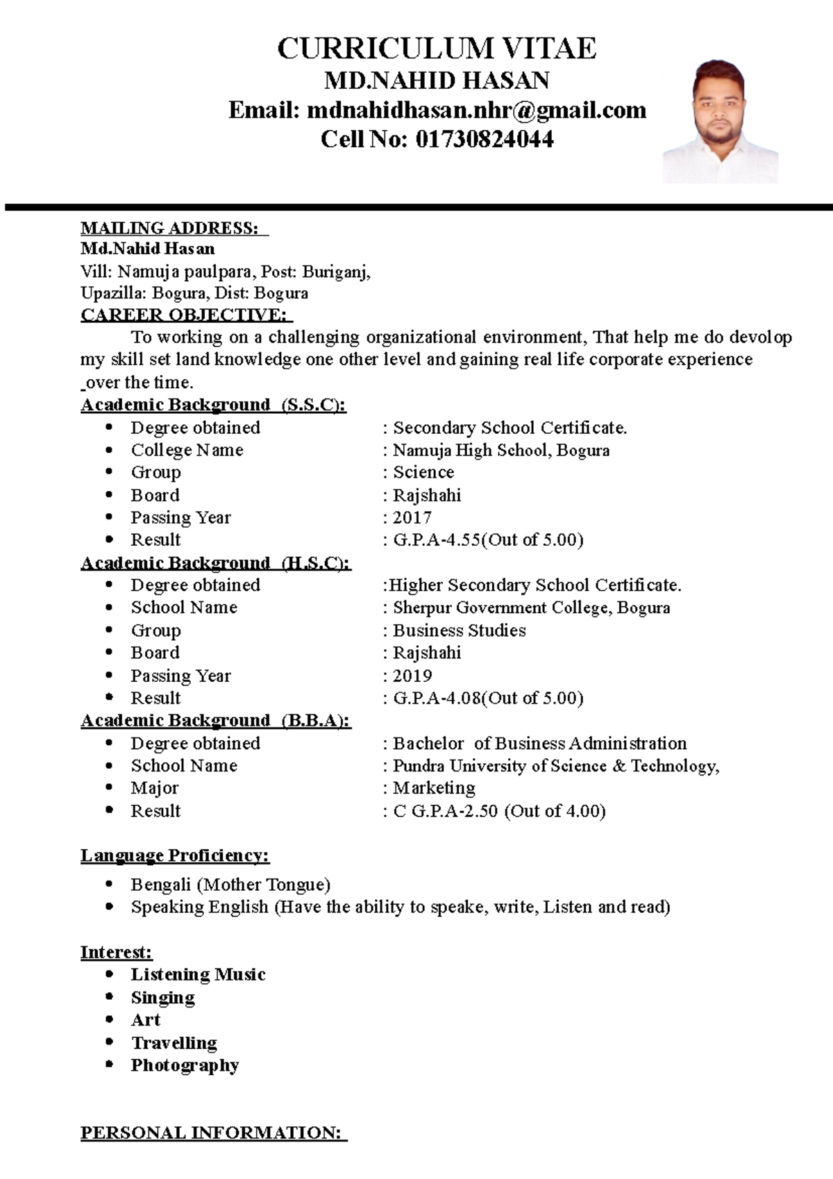 Nahid hasan - Internship report - CURRICULUM VITAE MD HASAN Email: mdnahidhasan@gmail Cell No ...