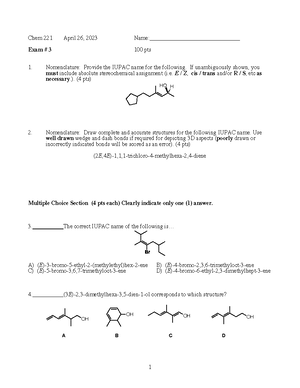 Exam 01 S2023 - practice exam - Chem 221 February 17, 2023 Name: Exam ...