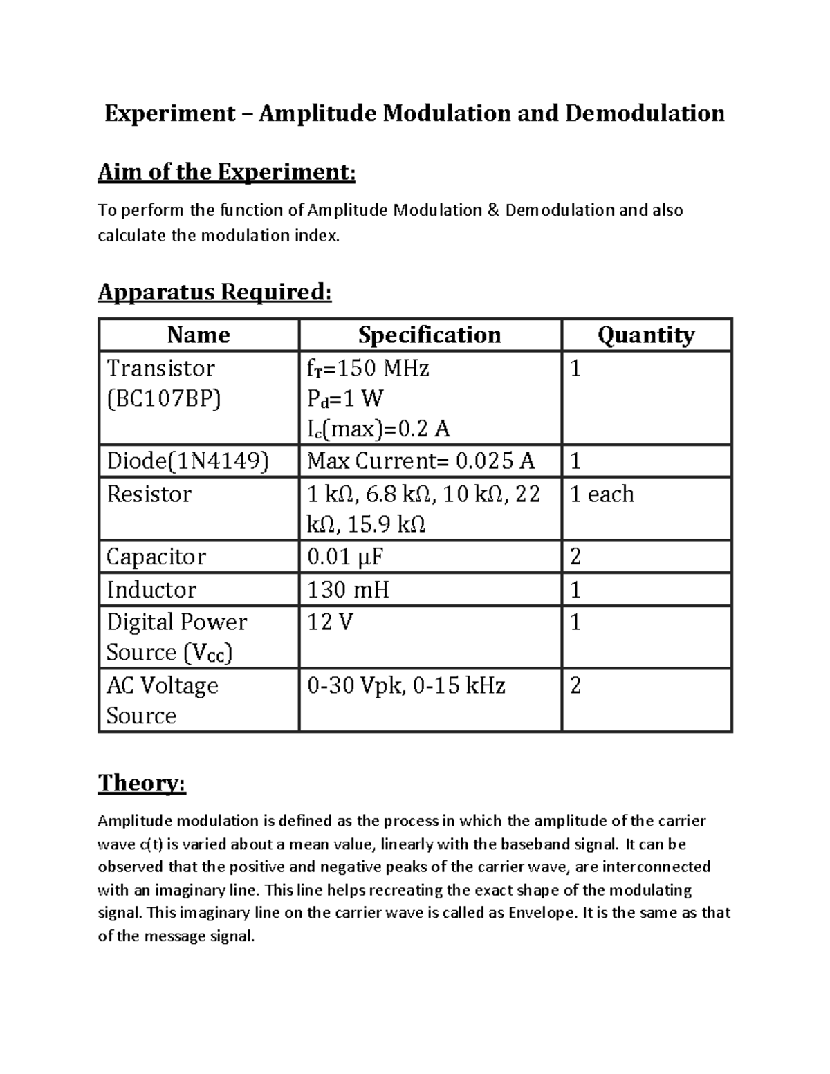 Amplitude Modulation and Demodulation - Apparatus Required: Name ...