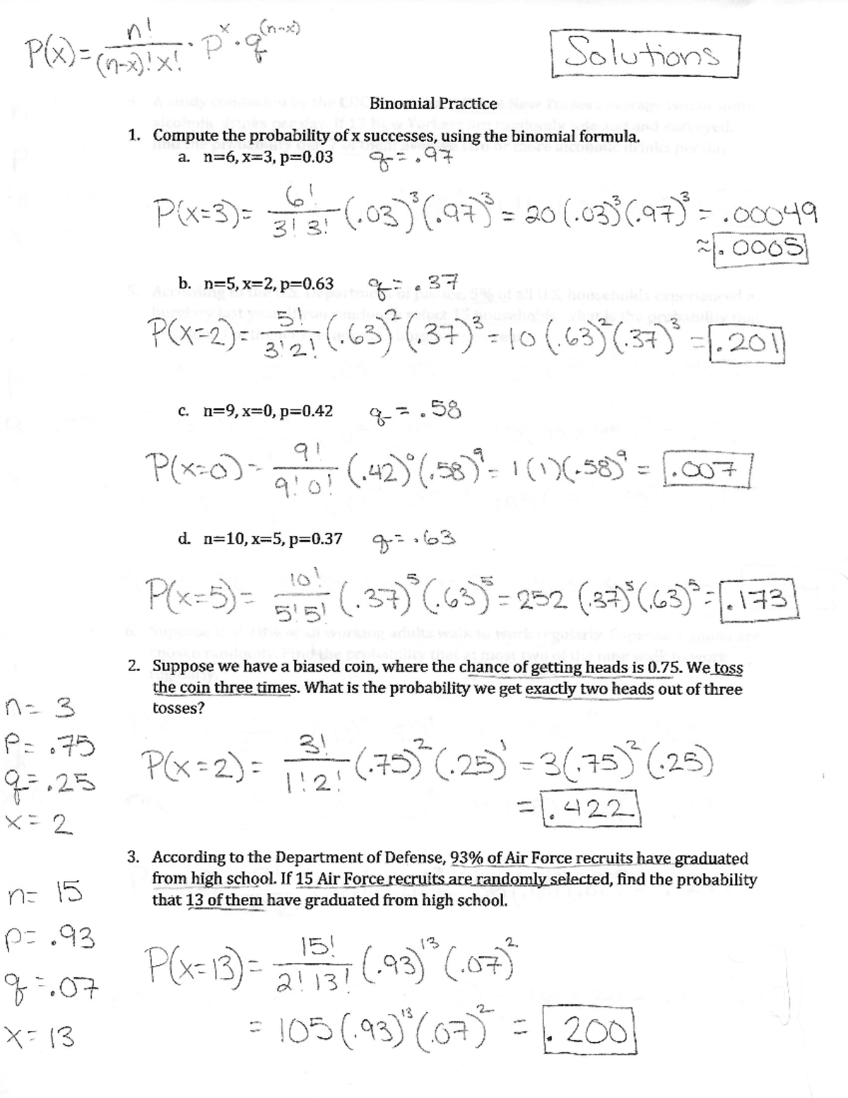 Solutions - Binomial Distribution (5.2) Practice - STAT 130M - Studocu