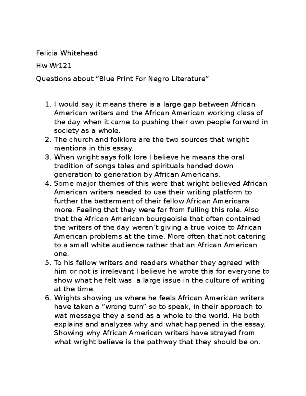 summary 'blueprint for Negro literature" 1-3 - Felicia Whitehead Hw Wr ...