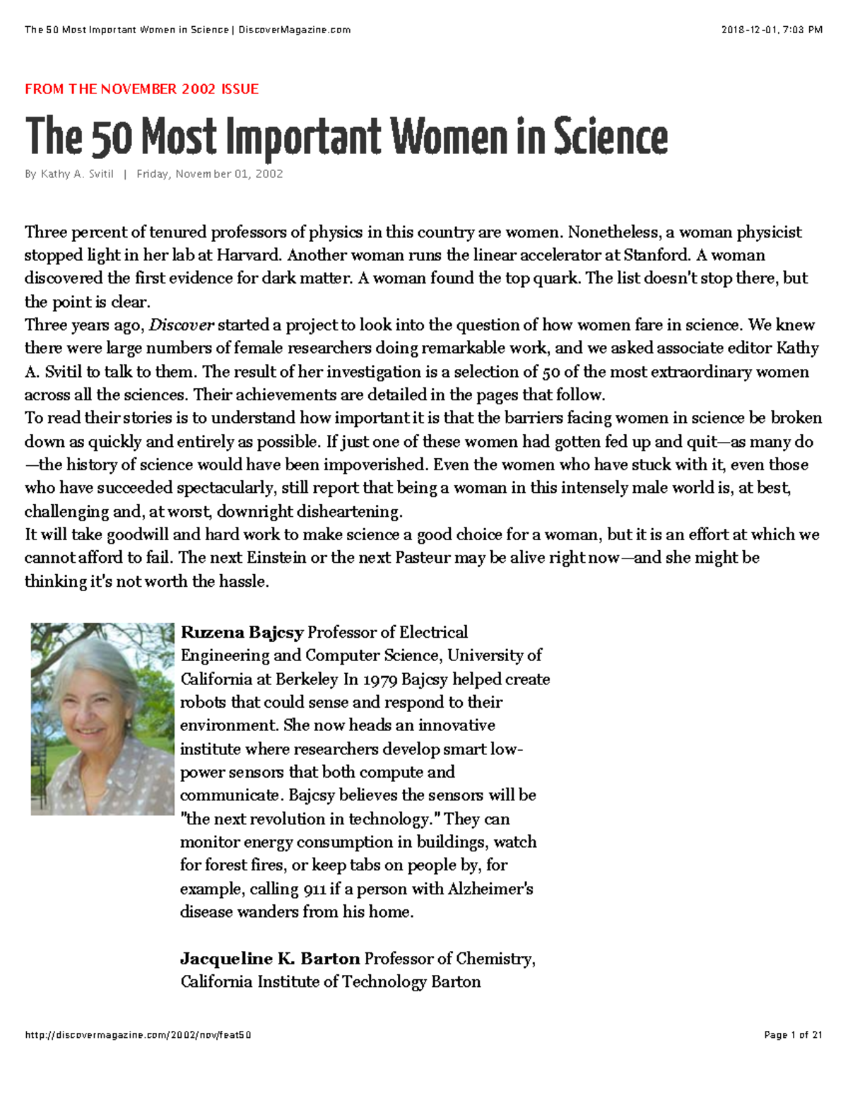 The 50 Most Important Women in Science Discover Magazine - Ruzena ...