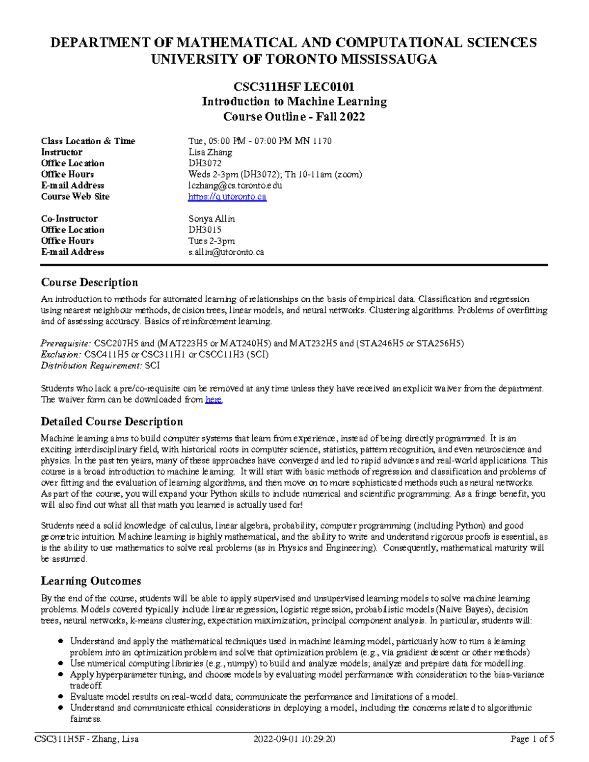 20229 CSC311H5F LEC0101 syllabus - DEPARTMENT OF MATHEMATICAL AND ...