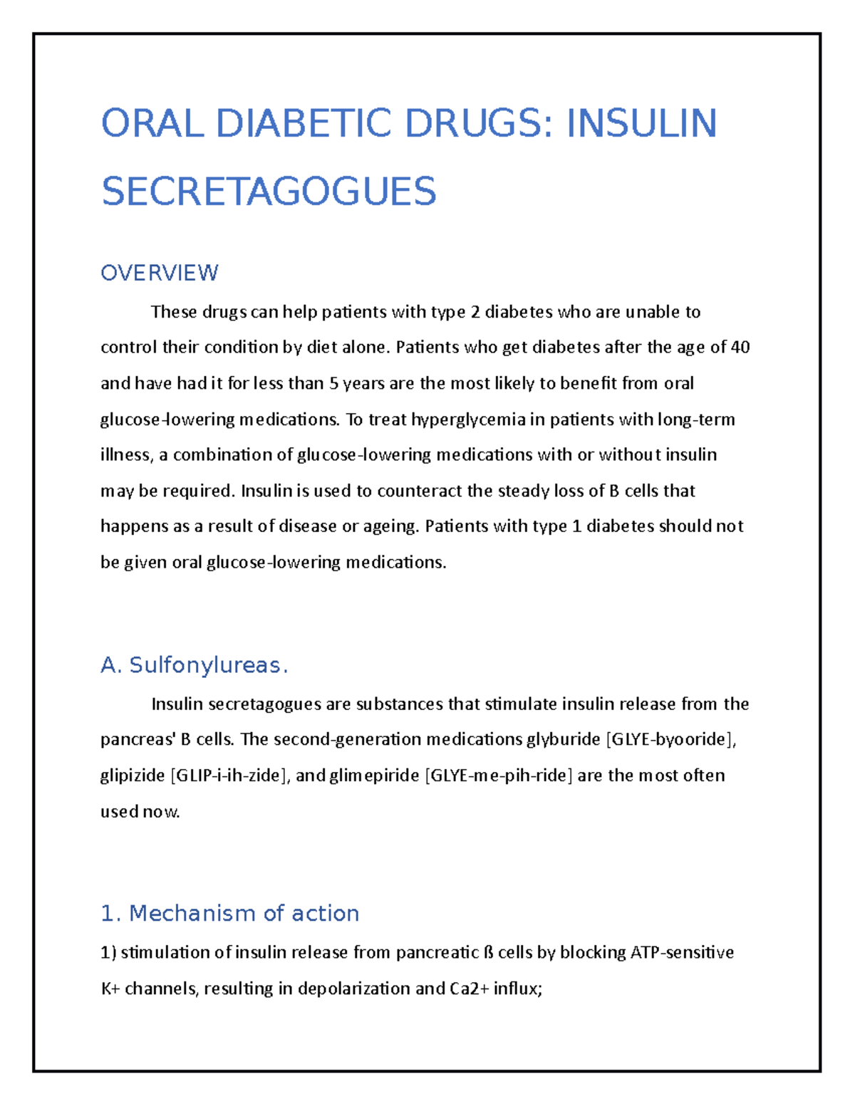 Detail NOTE ON ORAL Diabetic Drugs- Insulin Secretagogues - ORAL ...