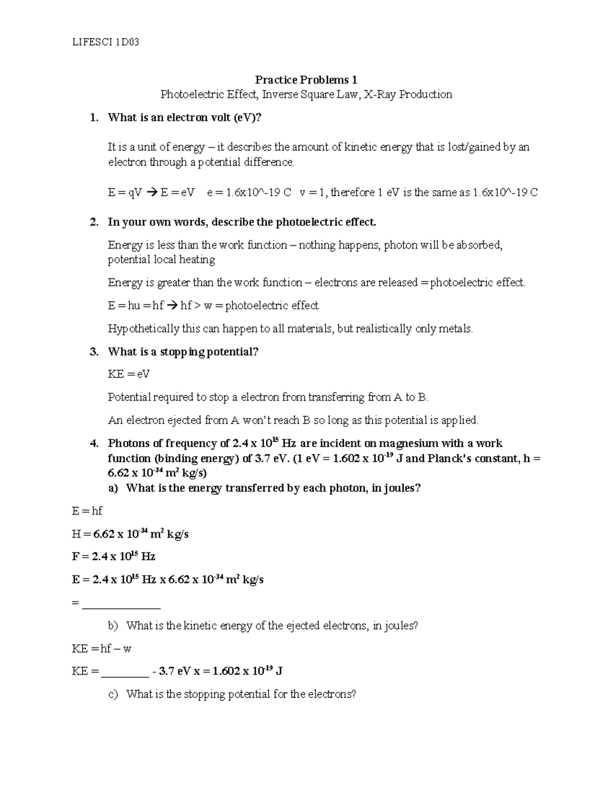 Practice Problems 1 - solutions - LIFESCI 1D Practice Problems 1 Photoelectric Effect, Inverse ...