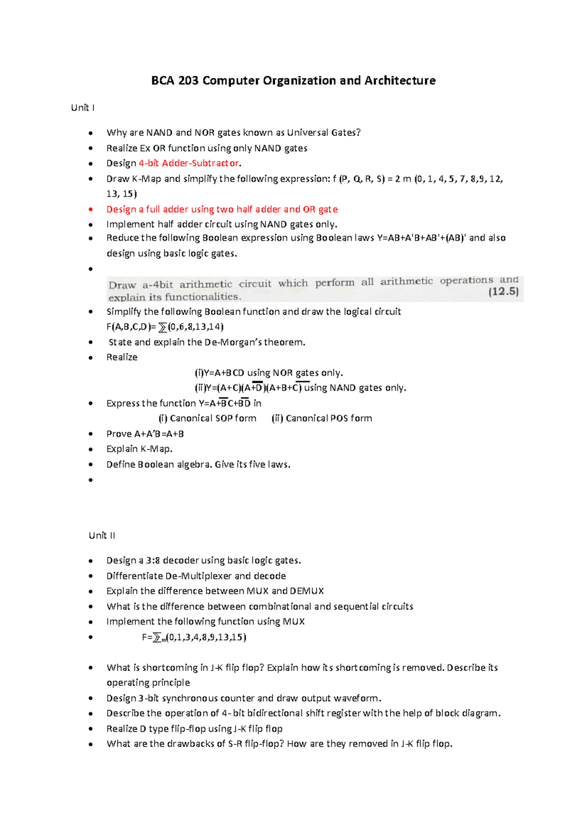 Sample questions unit 1 and unit 2 - BCA 203 Computer Organization and ...