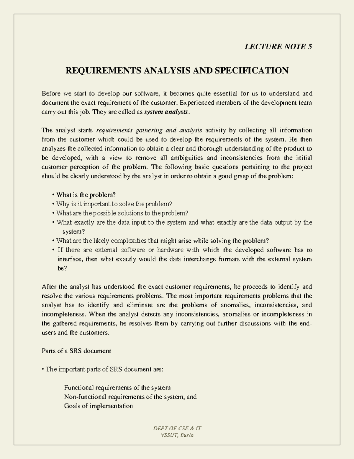 REQUIREMENTS ANALYSIS AND SPECIFICATION - DEPT OF CSE & IT LECTURE NOTE 5 REQUIREMENTS ANALYSIS ...