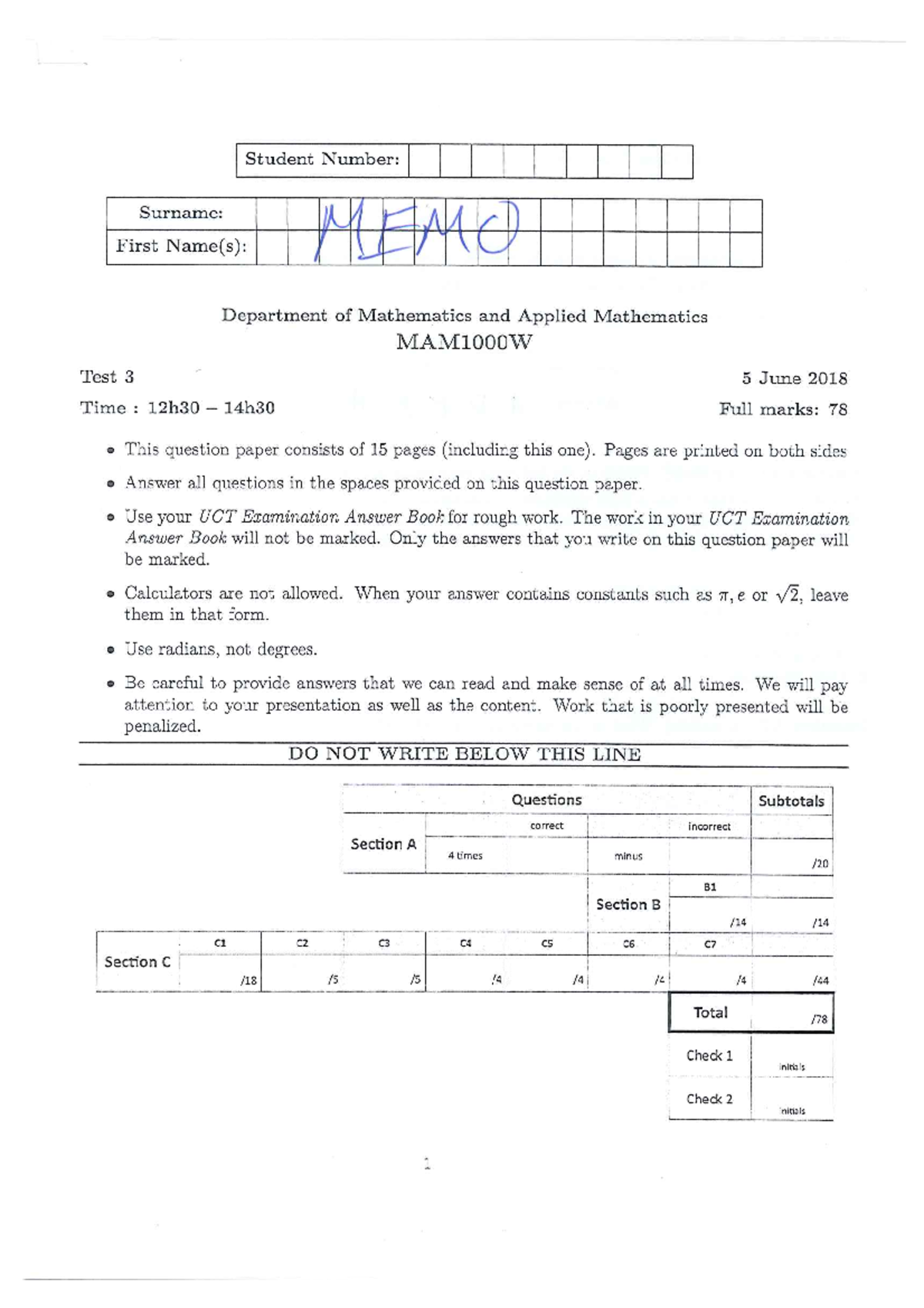 Test 3 2018 solutions for MAM1000W course - A number of students start ...