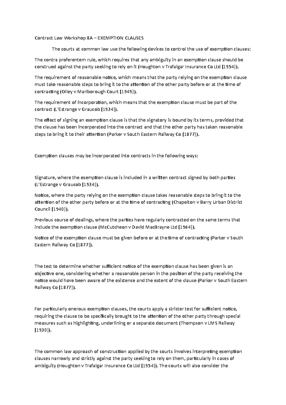 E Xclusion Notes Summary AND Notes AND Practice - Contract Law Workshop ...