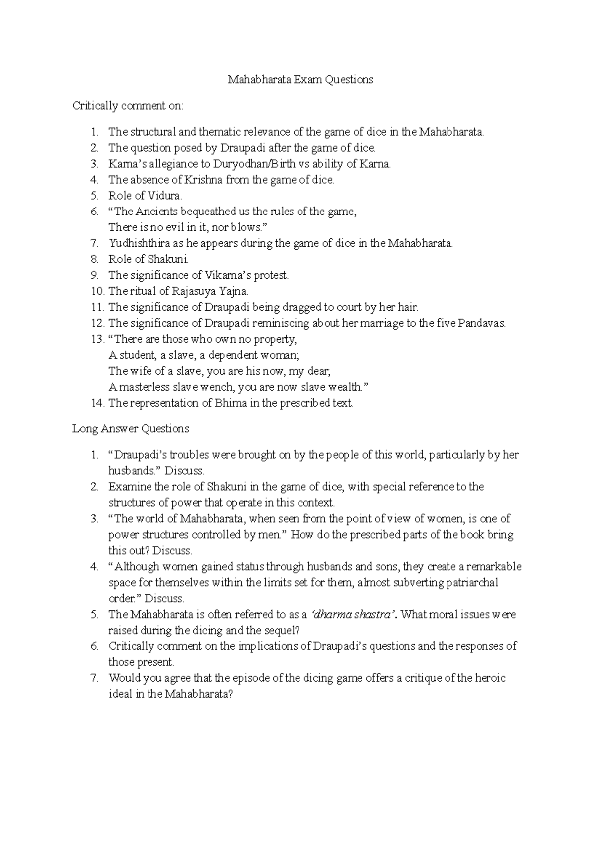 Exam 2013, questions - Mahabharata Exam Questions Critically comment on ...
