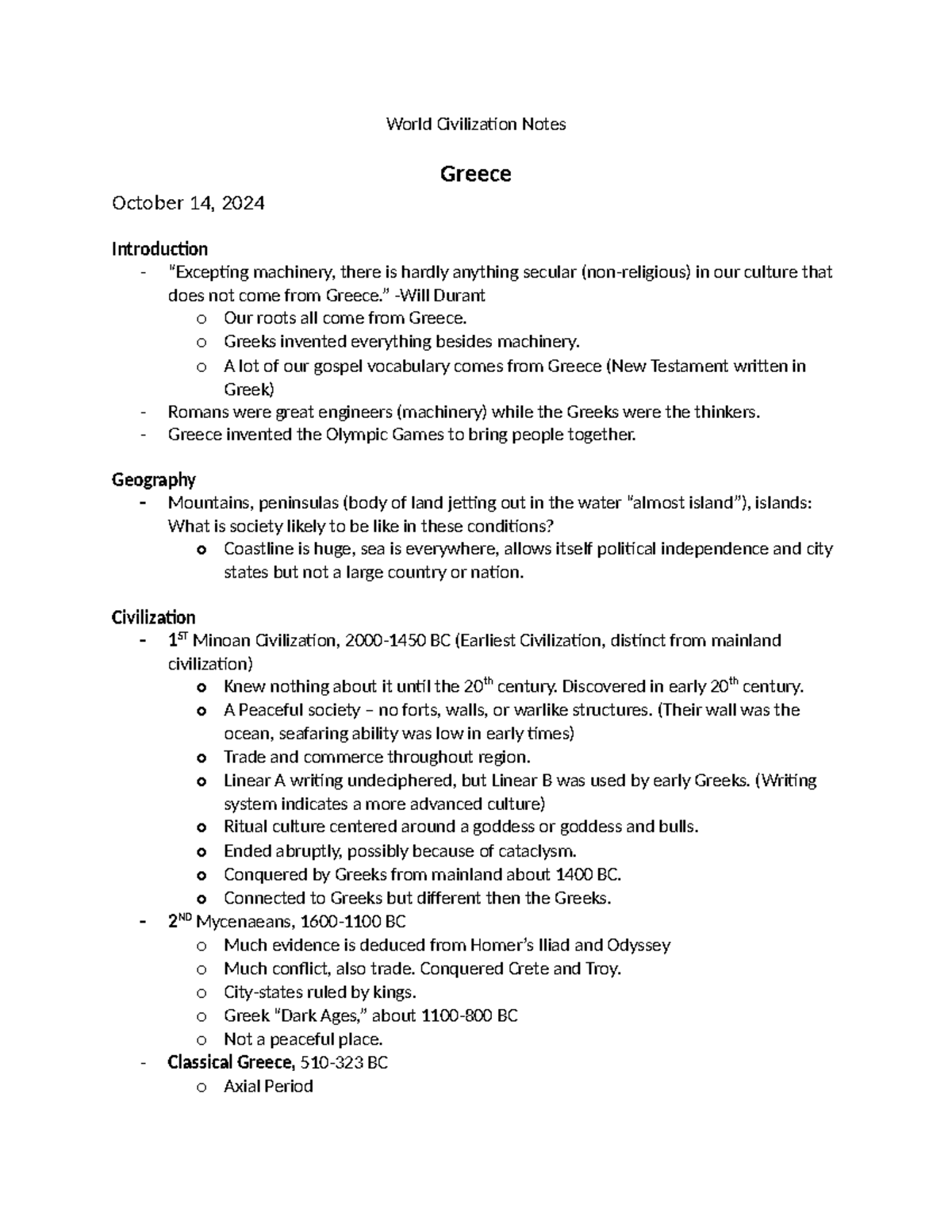 World Civ Notes 2 - World Civilization Notes Greece October 14, 2024 ...