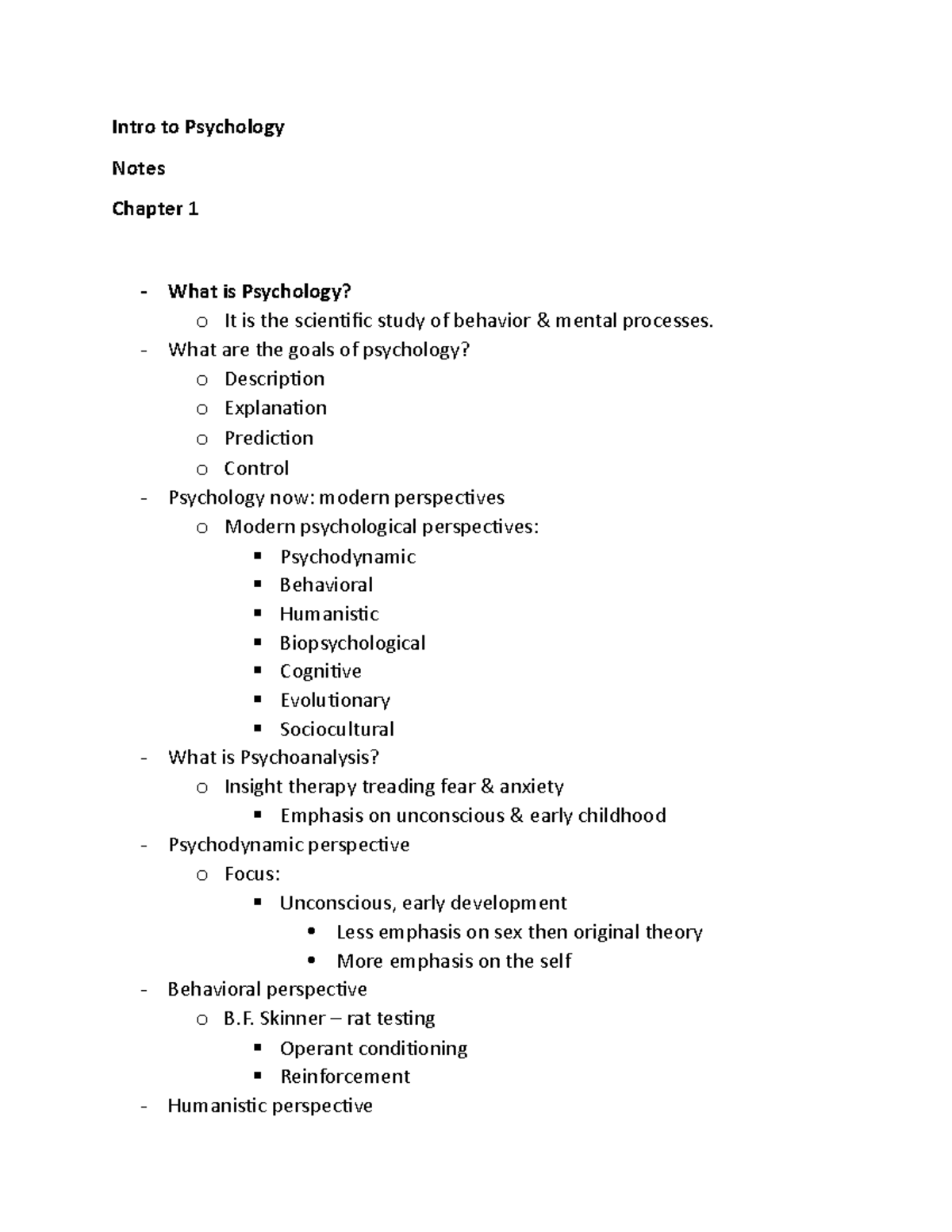 Intro to Psych CH 1 - Intro to Psychology Notes Chapter 1 What is ...