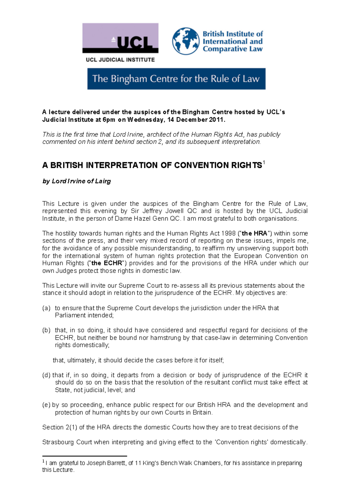 CLR - Convention Rights Article - A lecture delivered under the ...