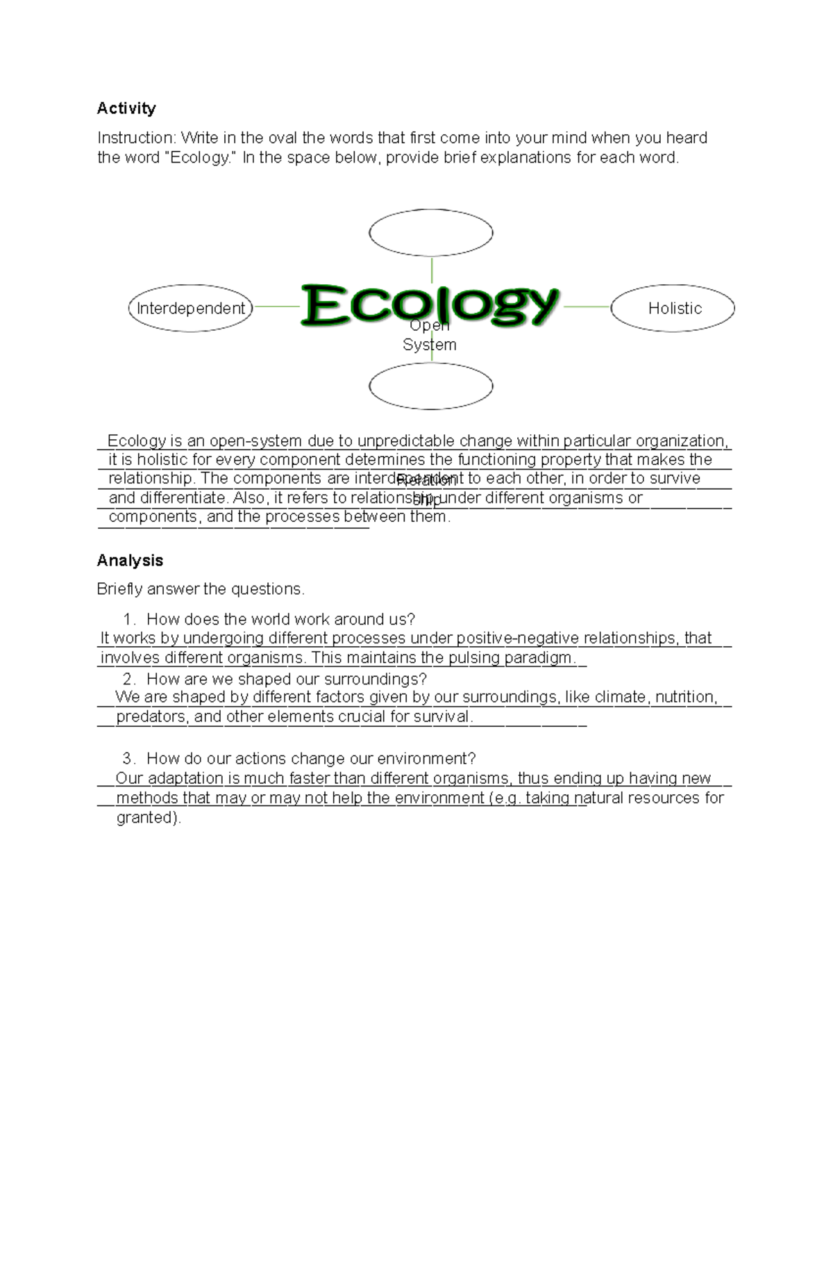 Ecology Analysis AND Application - Lesson 1 Activity - Activity ...
