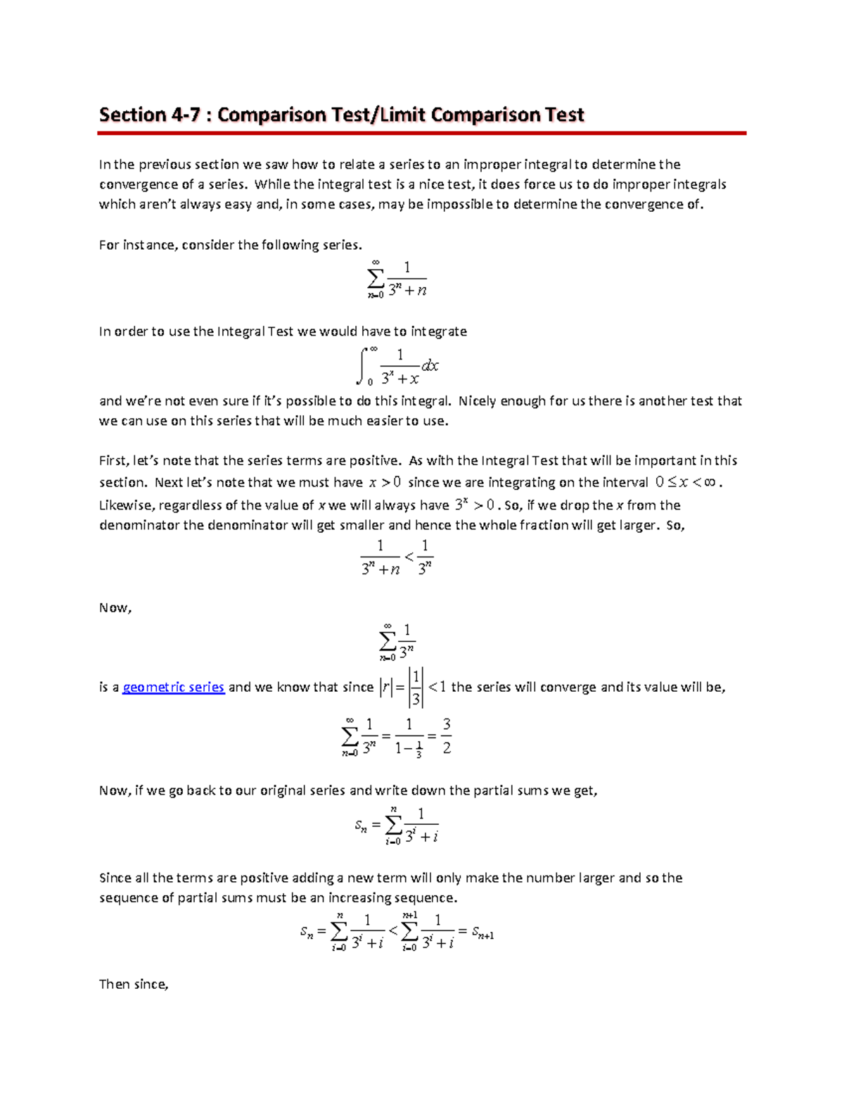 notes comparison test - Section 4-7 : Comparison Test/Limit Comparison ...