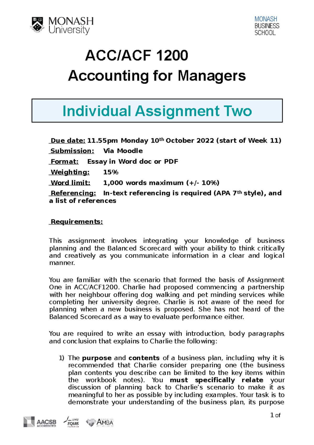 ACC ACF1200 Individual Assignment Two - 1 of ACC/ACF 1200 Accounting for Managers Due date: 11 ...
