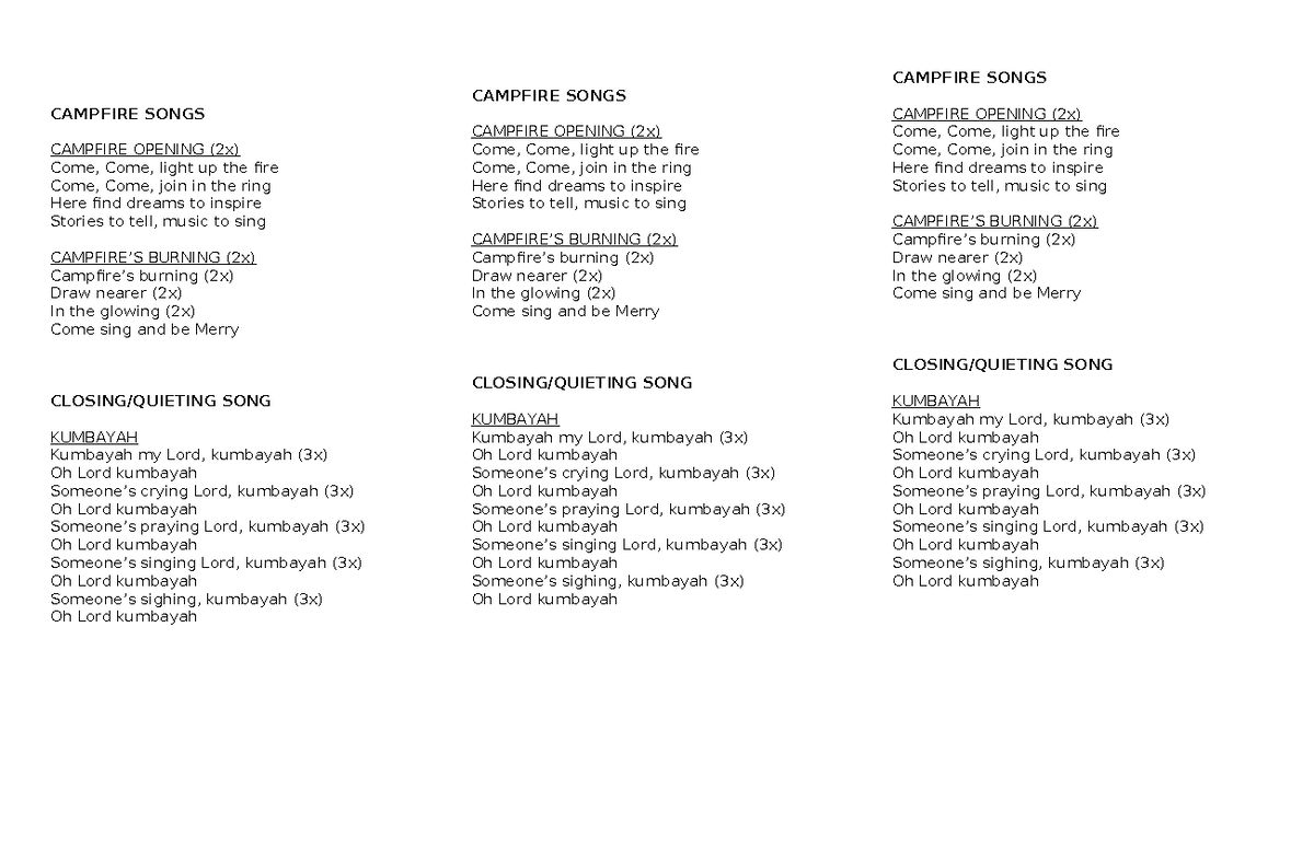 Campfire Songs - CAMPFIRE SONGS CAMPFIRE OPENING (2x) Come, Come, light ...