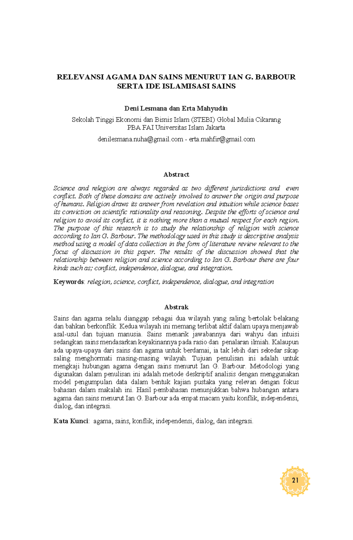 50-Article Text-80-1-10-202008 25 - RELEVANSI AGAMA DAN SAINS MENURUT ...