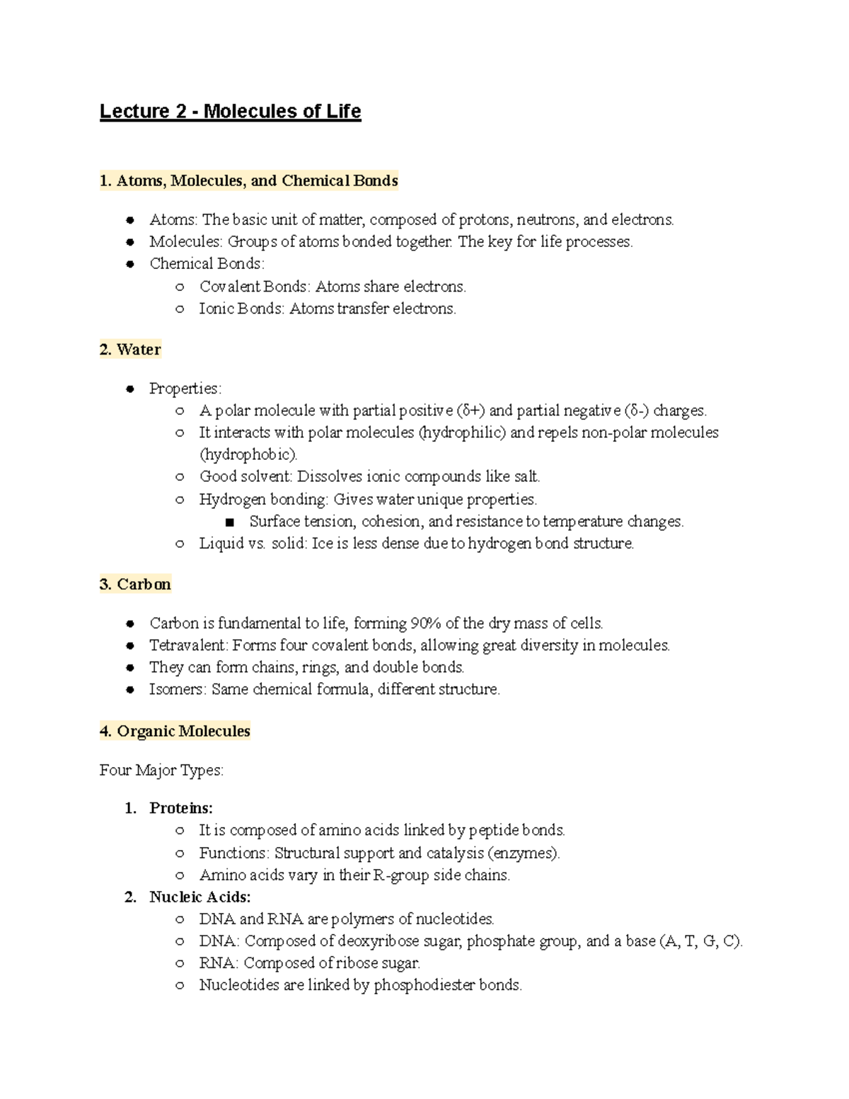 Biology Study Notes - Google Docs - Lecture 2 - Molecules of Life Atoms ...