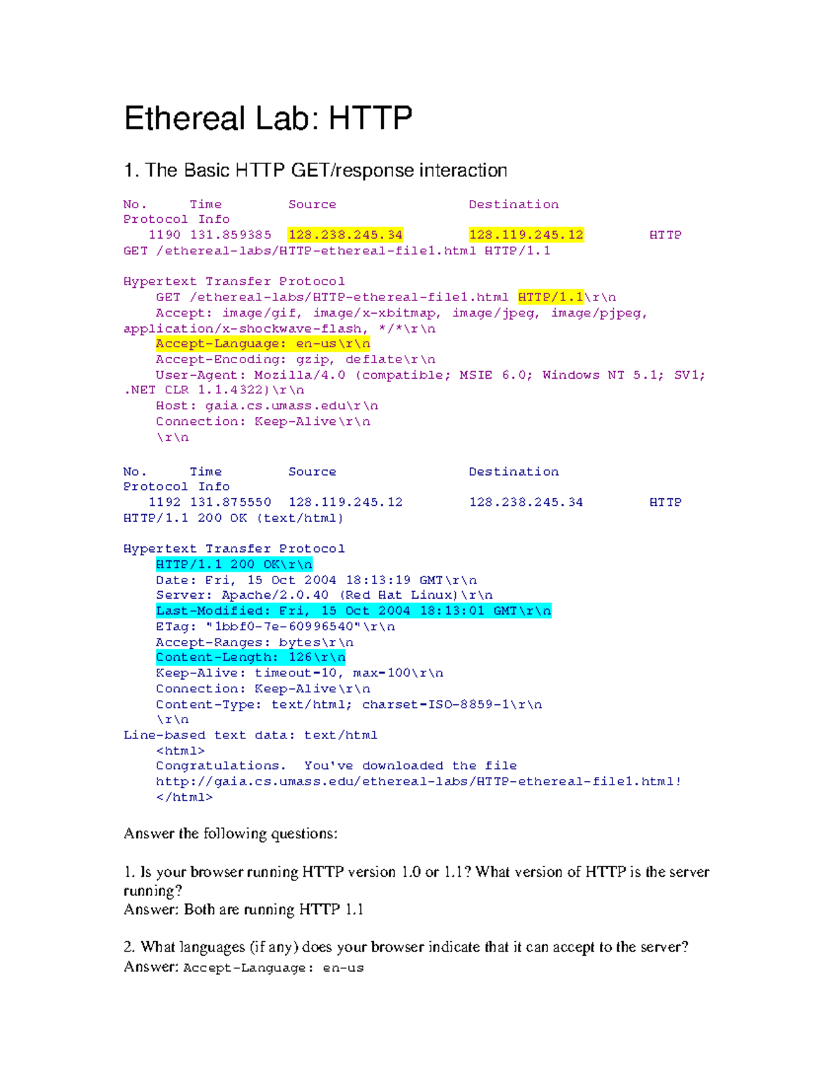 Ethereal HTTP Solution - Ethereal Lab: HTTP 1. The Basic HTTP GET ...