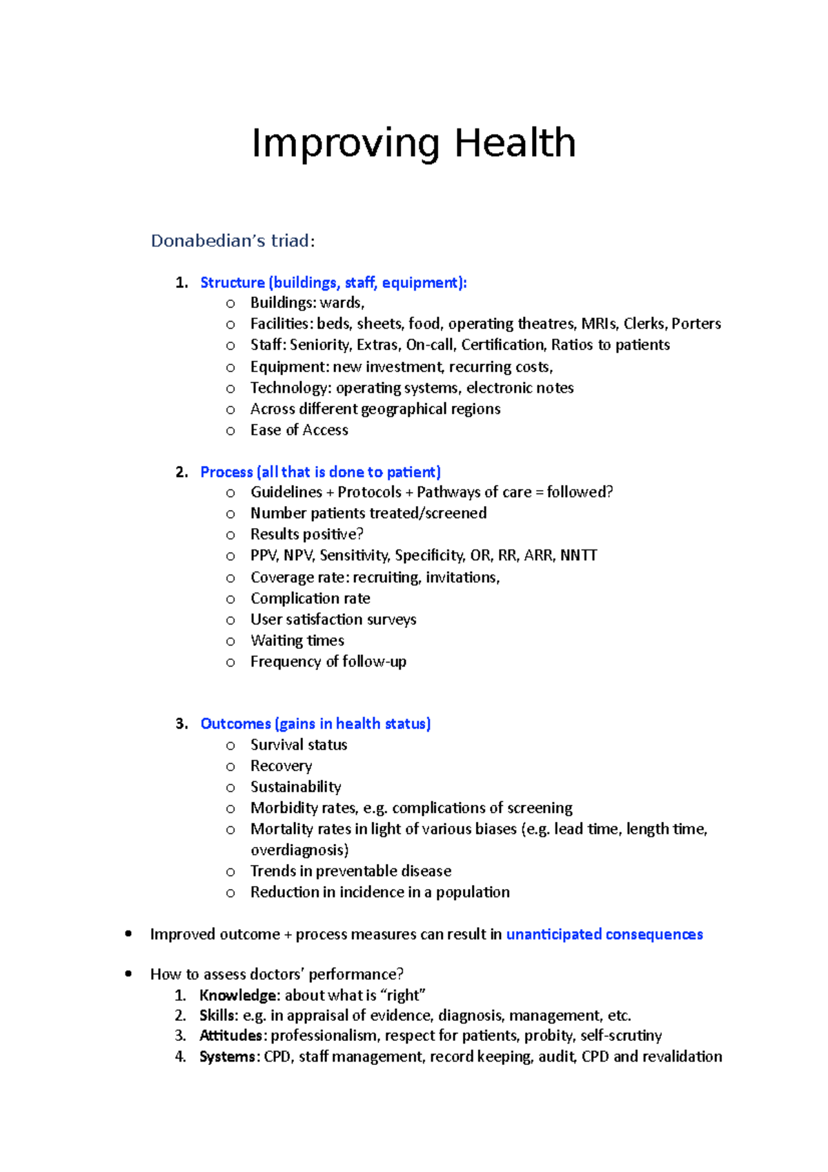 Improving Health - 12 - Lecture notes 4 - Improving Health Donabedian’s ...