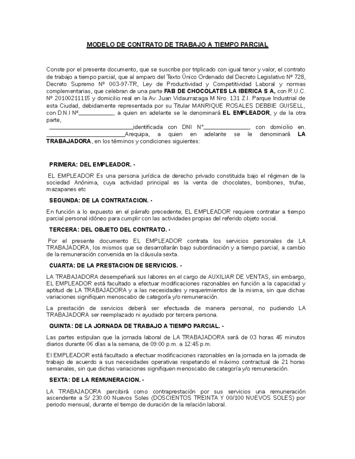 Contrato PART TIME - MODELO DE CONTRATO DE TRABAJO A TIEMPO PARCIAL ...