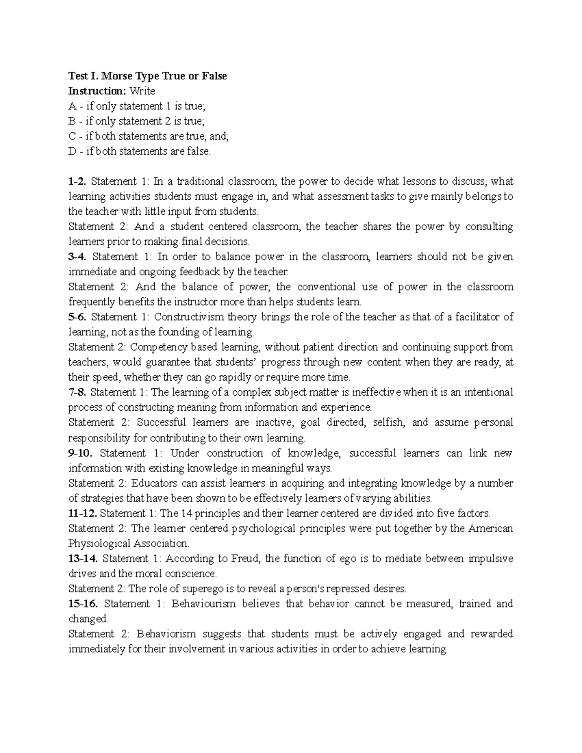 Prof Ed Mockboard Reviewer - Test I. Morse Type True or False ...